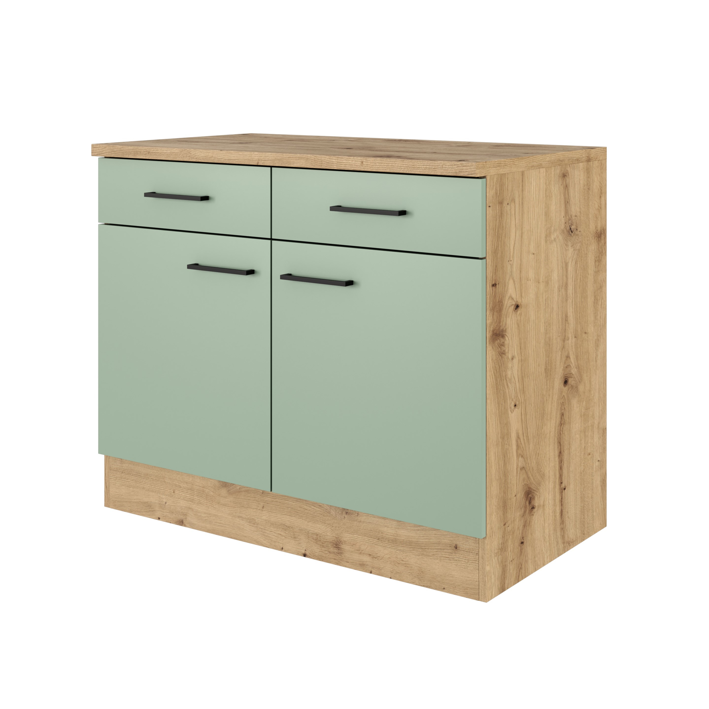 Küchen Unterschrank Cara 100 cm Schilfgrün matt - Artisan Eiche | 700001.00012474